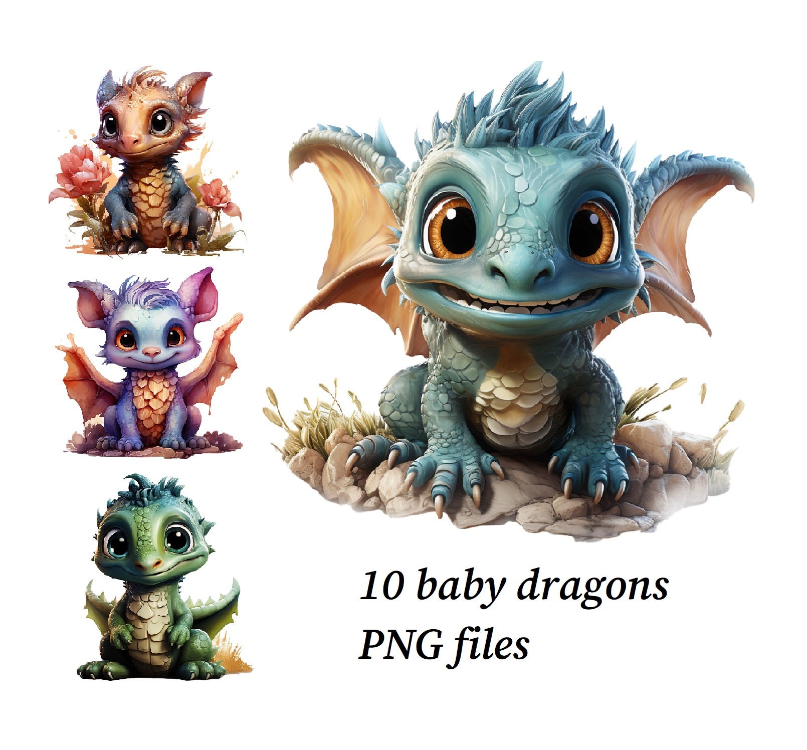 10 Baby Dragons PNG Cute Fantasy Dragons Clipart Watercolor - Etsy