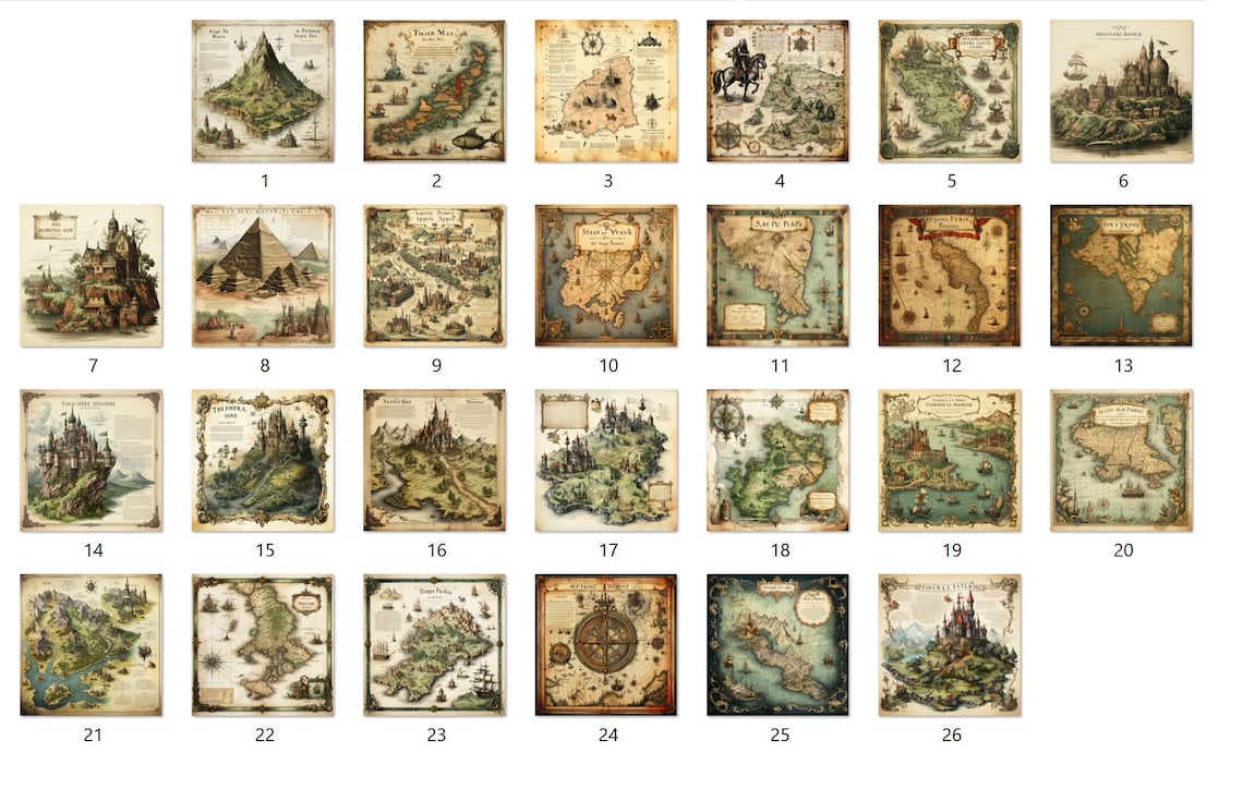 26 Antique Map Set Fantsy Clipart, Middle Earth Art Watercolor Digital ...