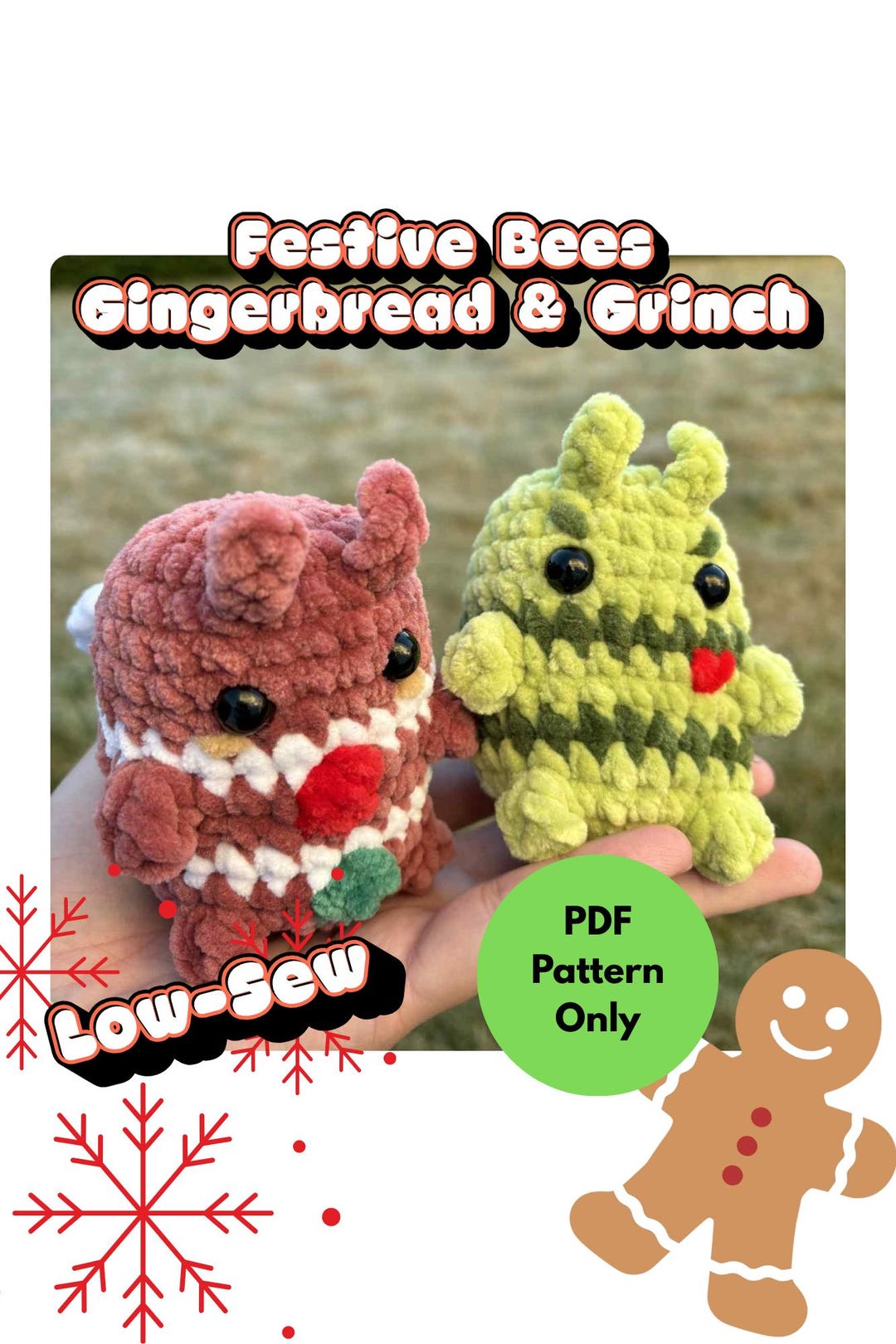 Festive Bees Low-sew CROCHET PATTERN, Gingerbread and Grinch, Crochet ...