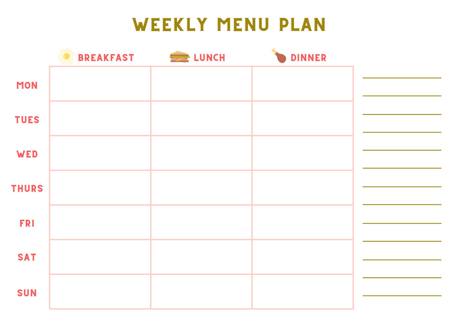 Cute Printable Weekly Menu Plan - PDF - Instand Download for Colorful Menu Template - Etsy