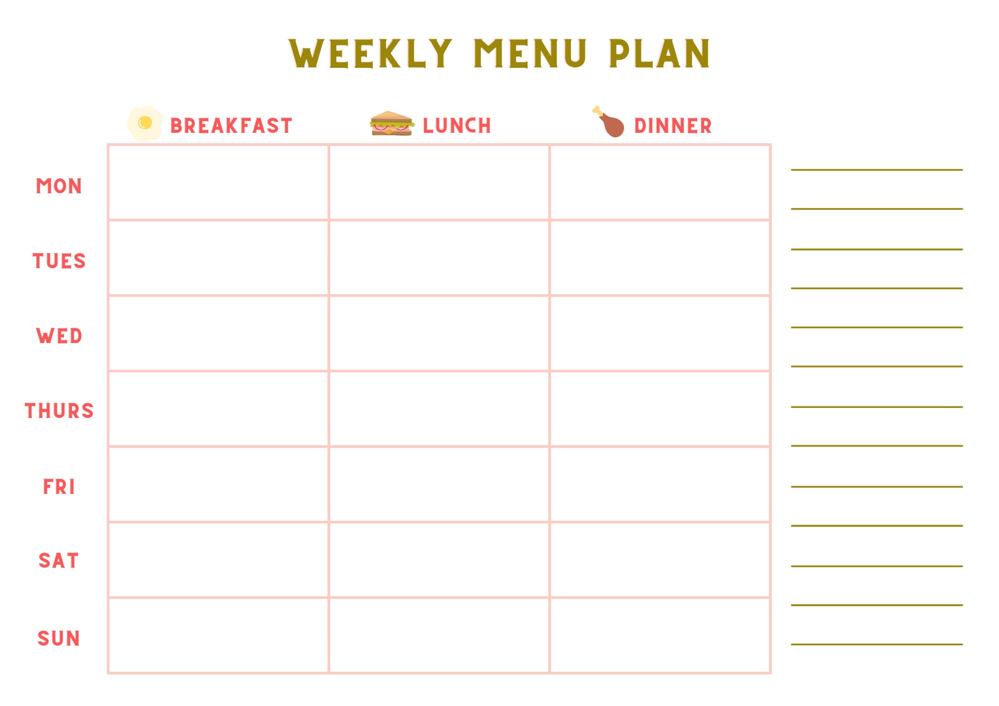 Cute Printable Weekly Menu Plan - PDF - Instand Download for Colorful ...