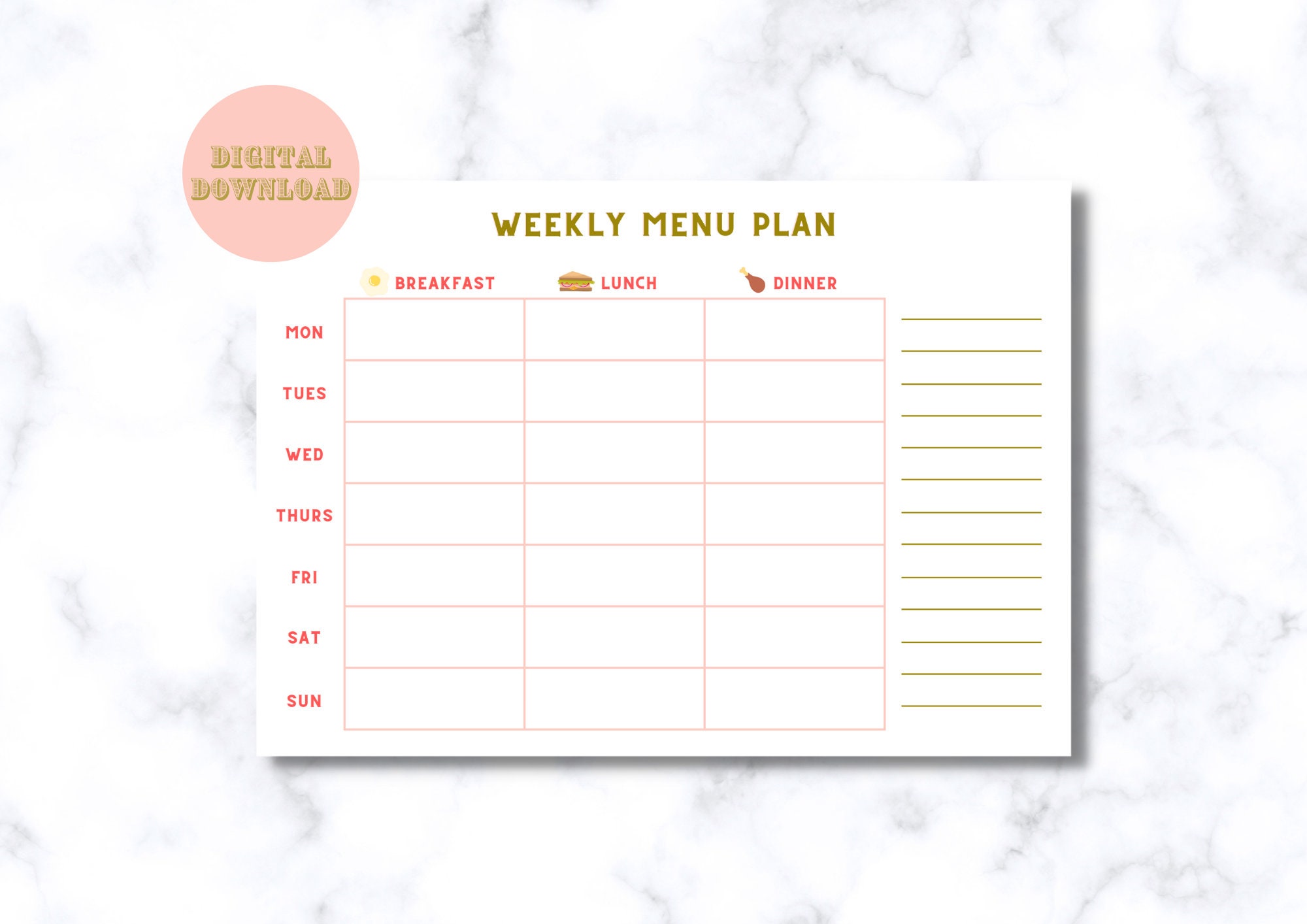Cute Printable Weekly Menu Plan - PDF - Instand Download for Colorful ...