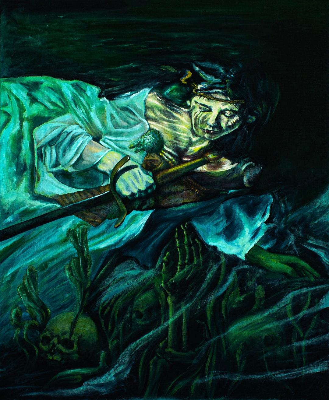 Original Oil Painting Lady of the Lake Woman With the Sword Under Water ...