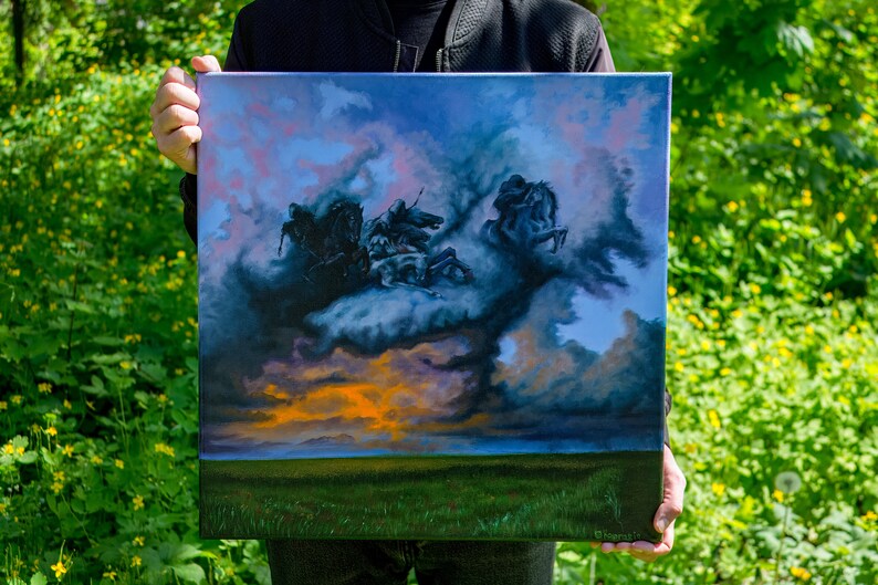 Wild Hunt Original Oil Painting - Skeleton Riders & Sunset on Linen ...