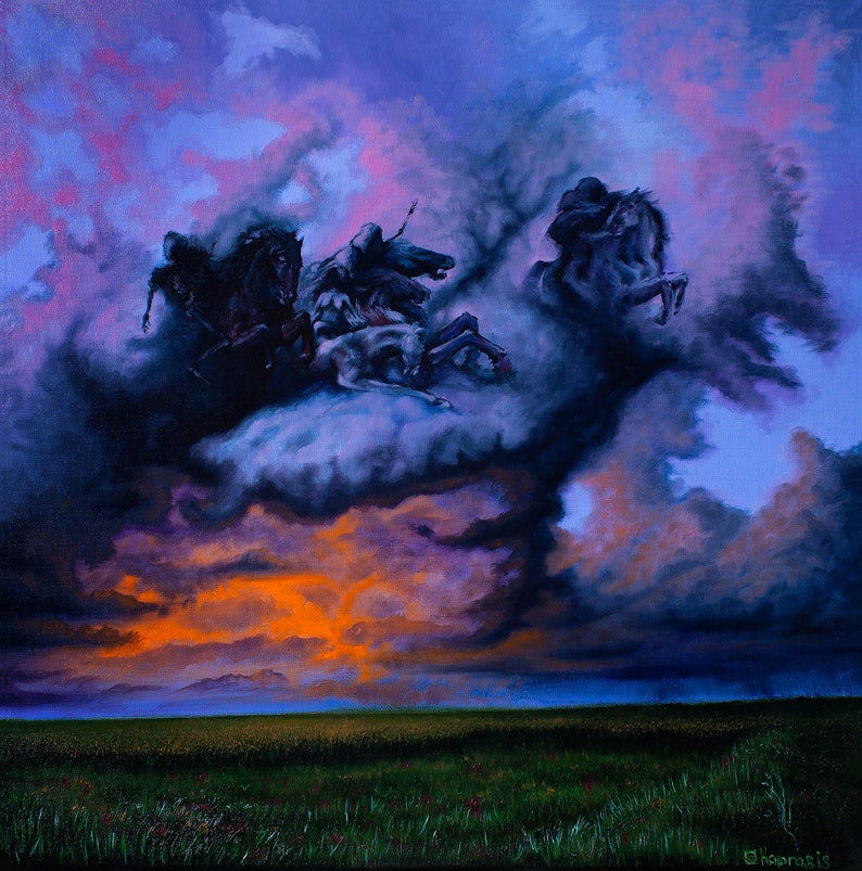 Wild Hunt Original Oil Painting - Skeleton Riders & Sunset on Linen ...