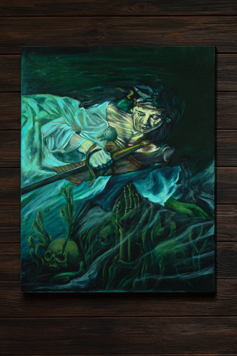Original Oil Painting Lady of the Lake Woman With the Sword Under Water ...