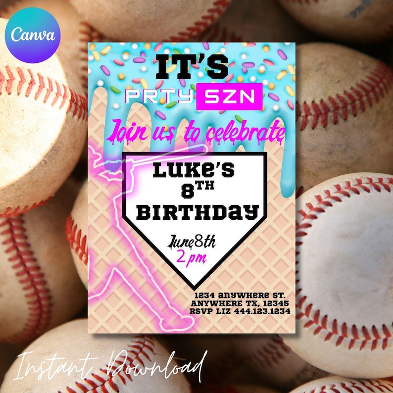 Baseball Invitation Birthday, Digital Printable Party Invite, Editable ...