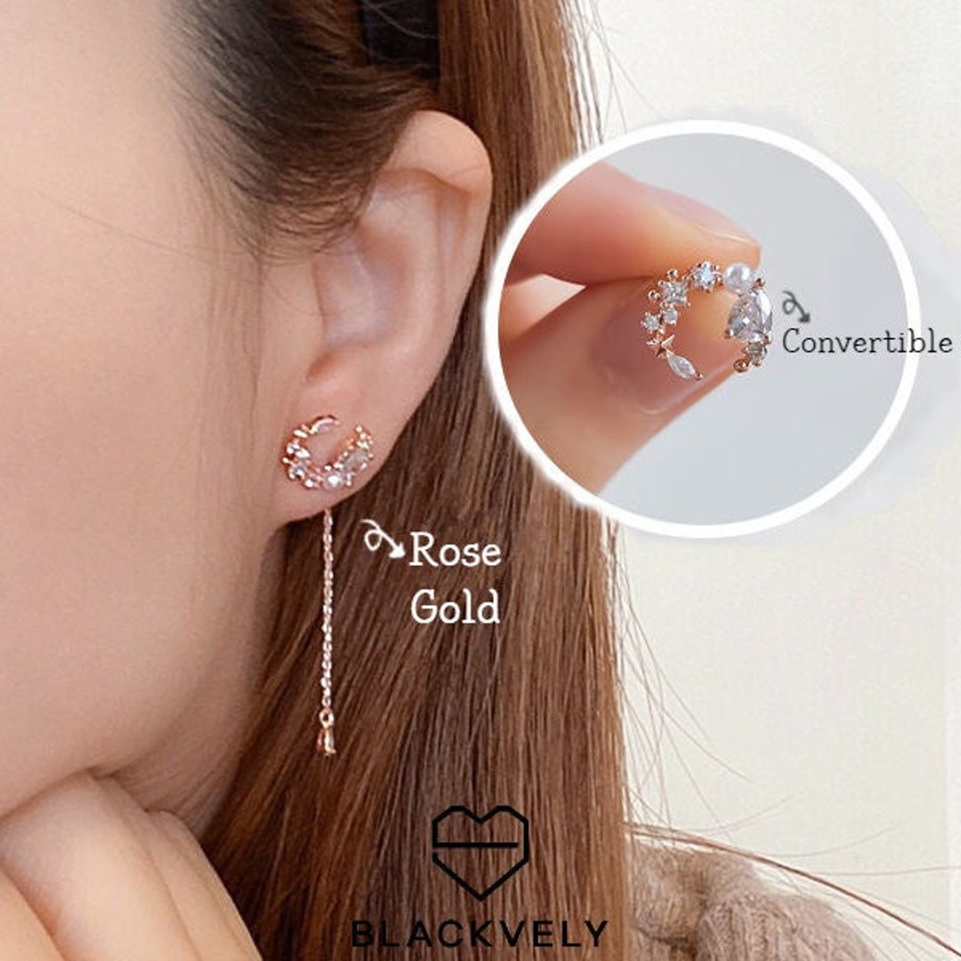 Convertible Earrings, Moon Star Pearl Dangle Earrings, Korean Piercing ...