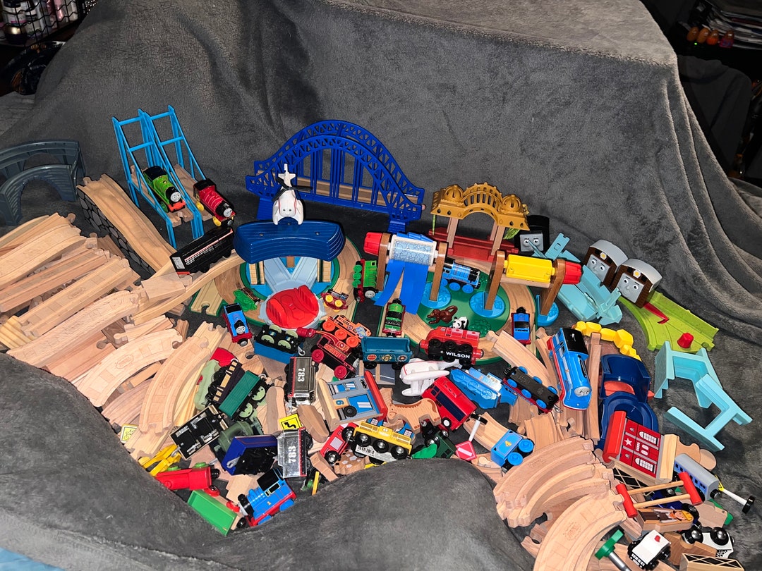HUGE Lot of Thomas the Train Wood Railway Buildings Trains Tracks BRIO ...