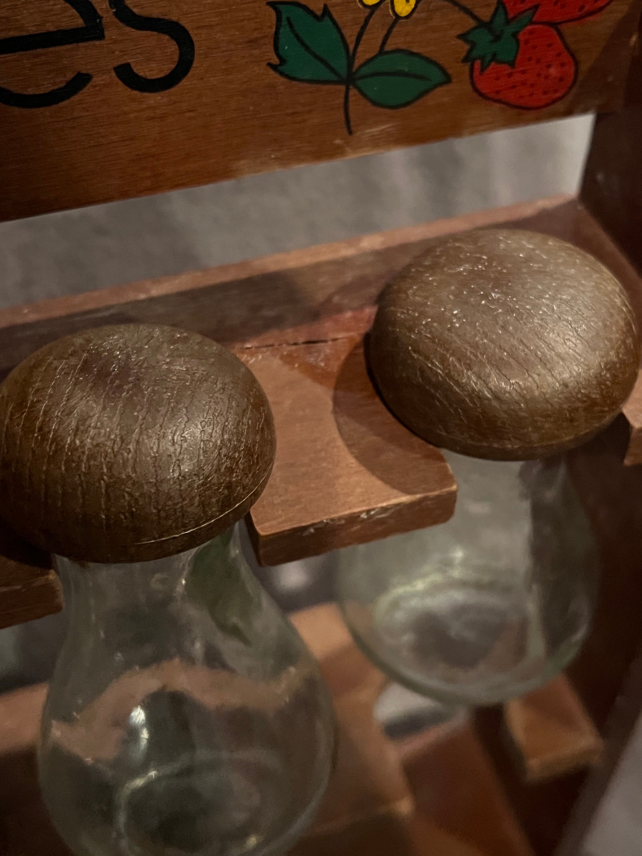 Vintage Wood Spice Rack Glass Mushroom Jars Mid Century Cottagecore Set ...