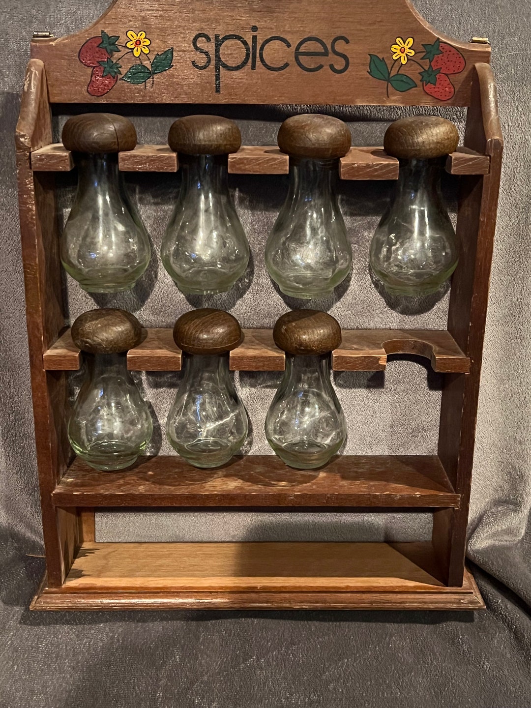 Vintage Wood Spice Rack Glass Mushroom Jars Mid Century Cottagecore Set ...