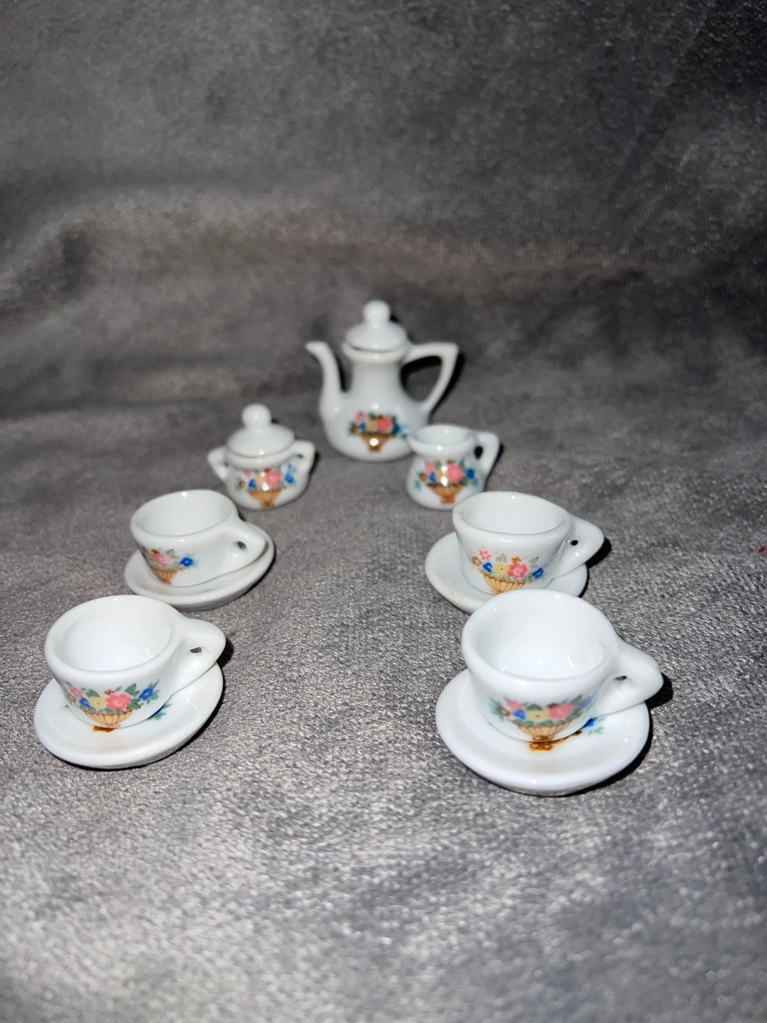 Vintage Tiny Porcelain Tea Set Teapot Creamer Sugar 4 Cups With Saucers ...