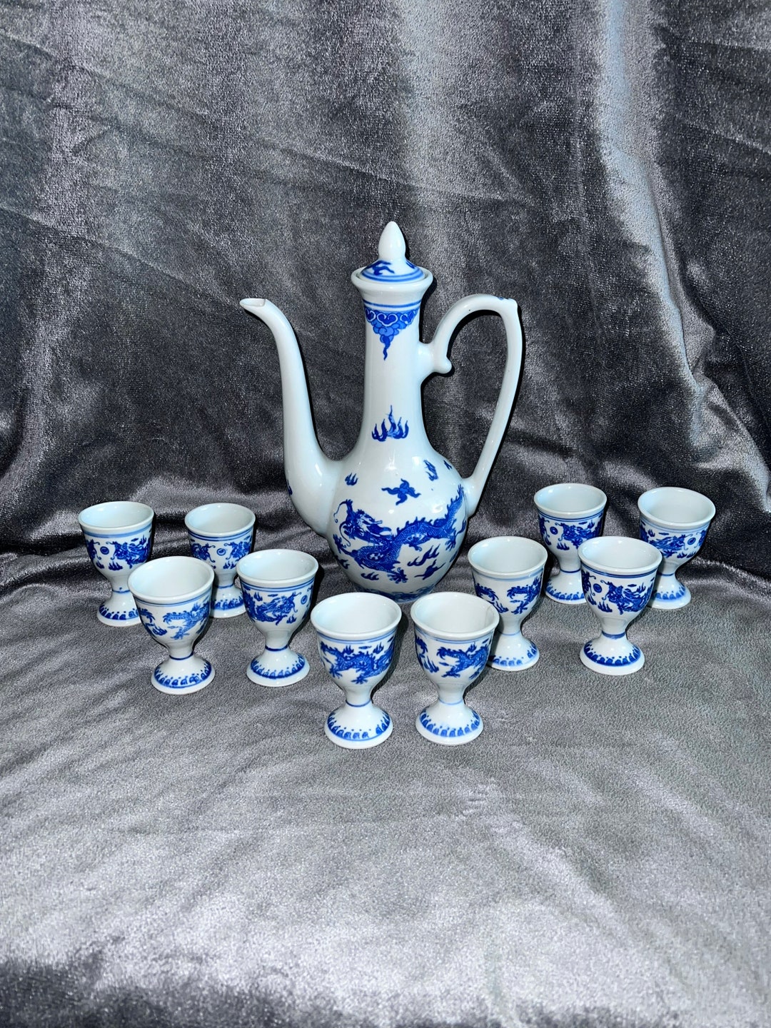 Jingdezhen Chinese Sake Wine Set Blue White Porcelain Ceramic Pottery ...