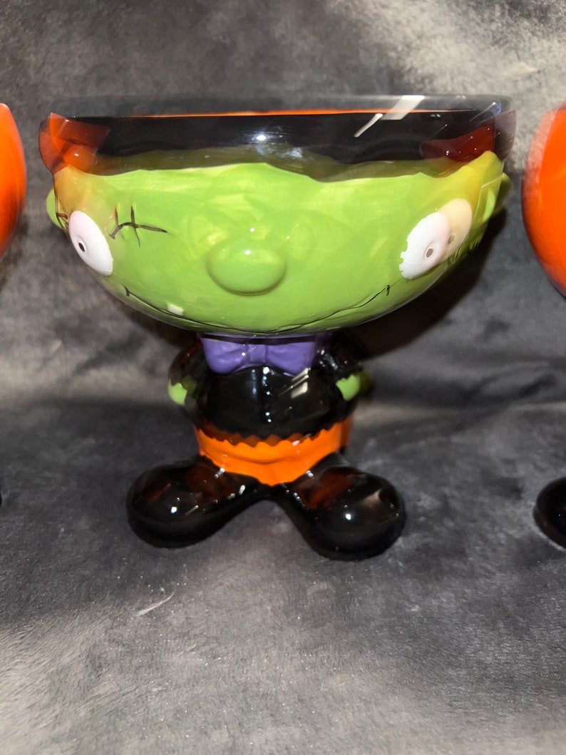 Frankenstein 2 Smiling Pumpkins Ceramic Candy Dish and Candles ...