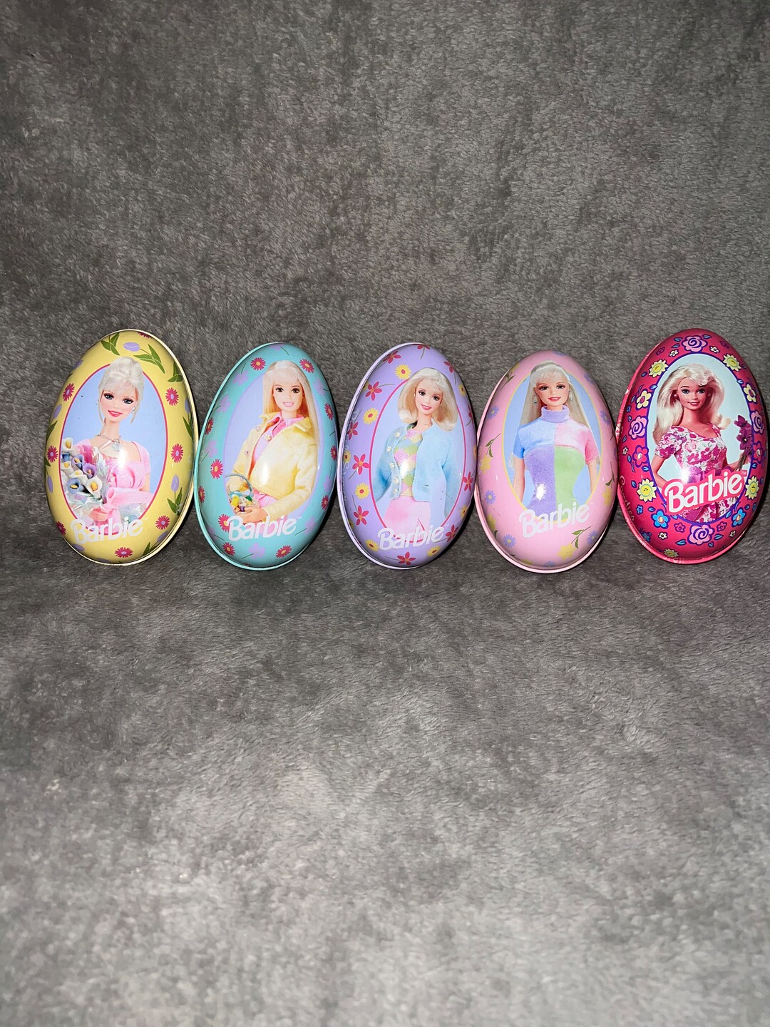 Set of 5 Barbie Russell Stover Oval Egg Basket Nostalgia Tins Easter ...