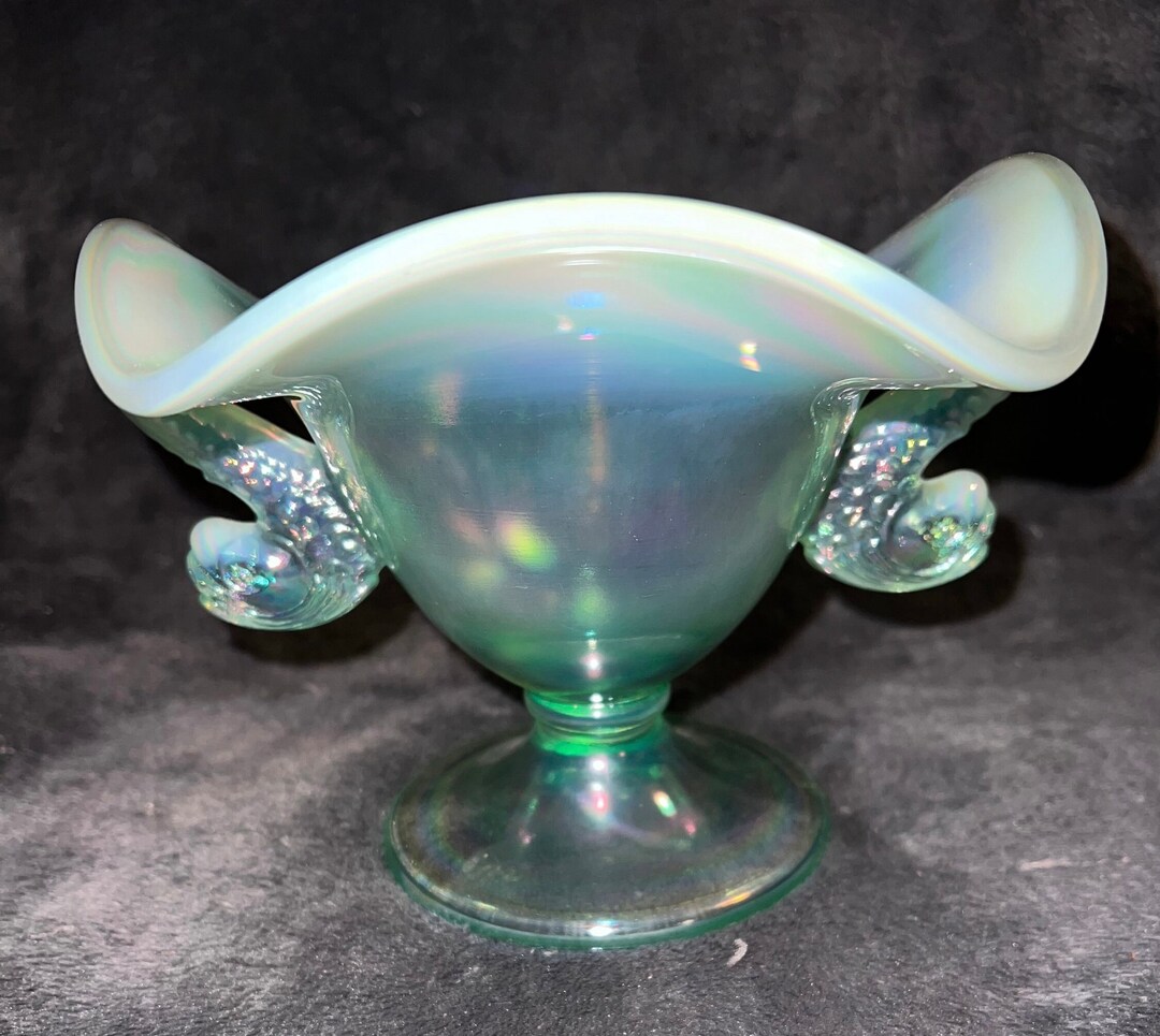 Fenton Green Dolphin Handle Iridescent Opalescent Luster Bowl Sea Mist ...