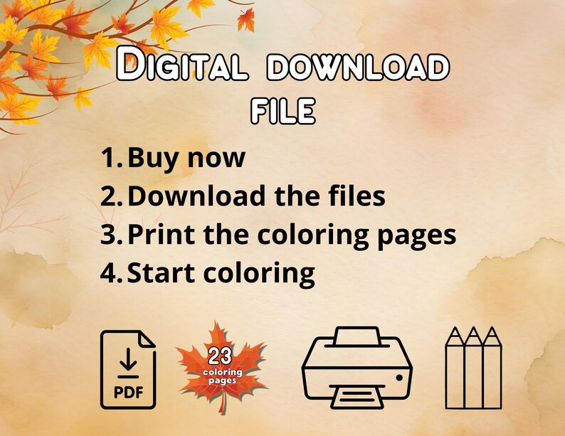 Happy Fall Minimalist Cozy Easy Digital Coloring Autumn Leaves Pumpkin ...