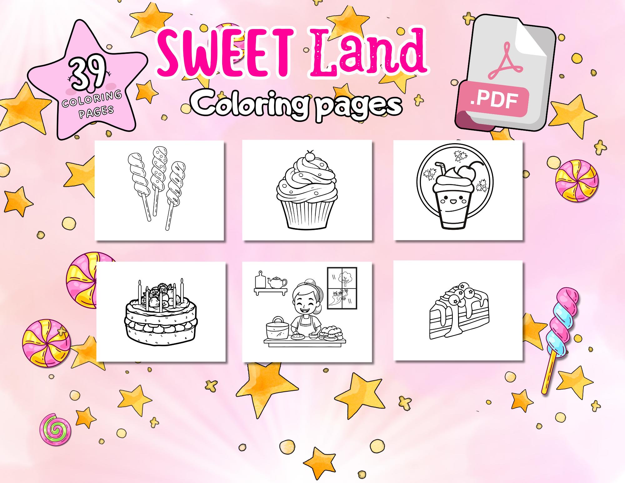 Printable Cake Digital Coloring Book Pages Candy Desserts Food ...