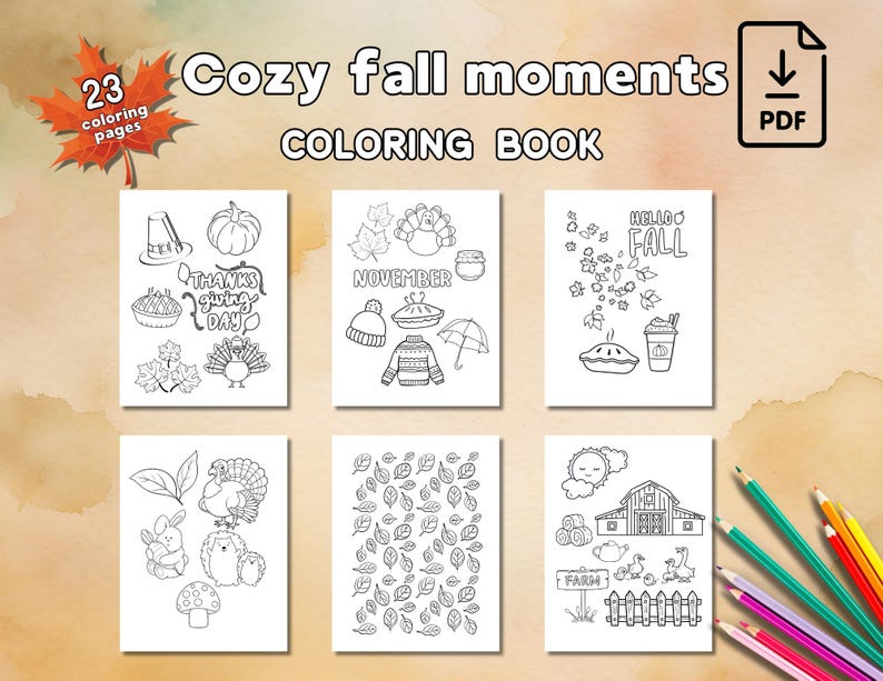 Happy Fall Minimalist Cozy Easy Digital Coloring Autumn Leaves Pumpkin ...