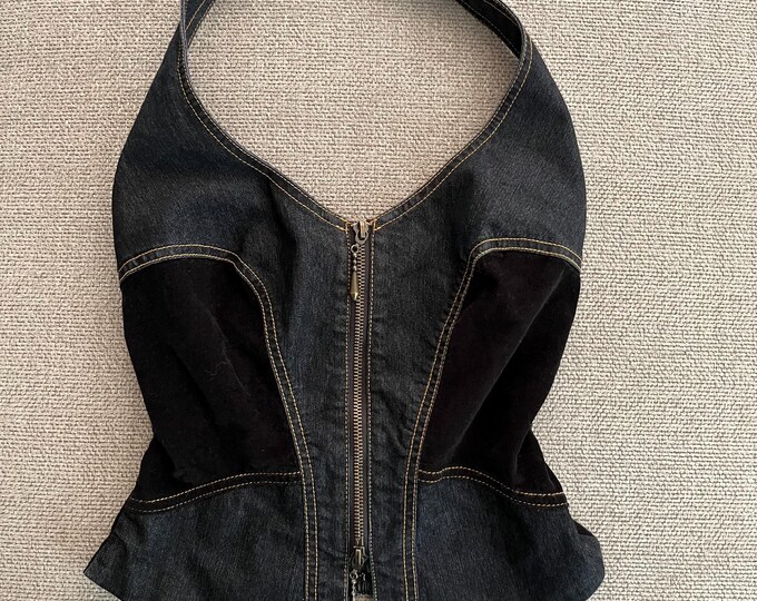 00s Vintage Denim Double Zipper Halter Top - Etsy