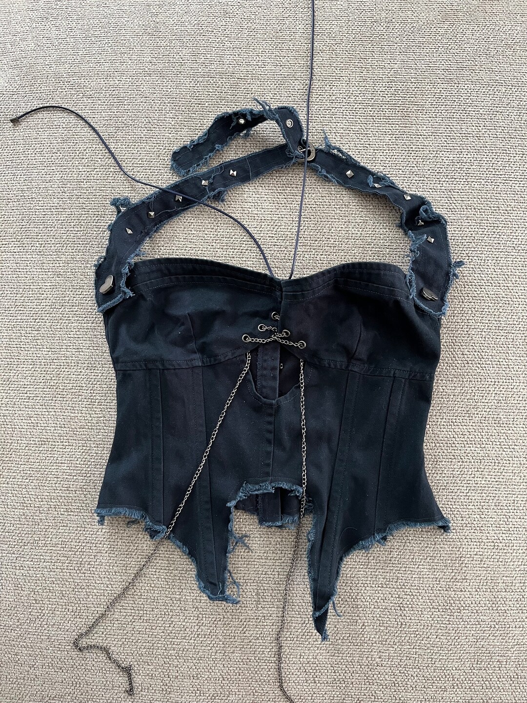 Distressed Denim Cut Out Halter Top With Buckle Detailing by Japanese ...