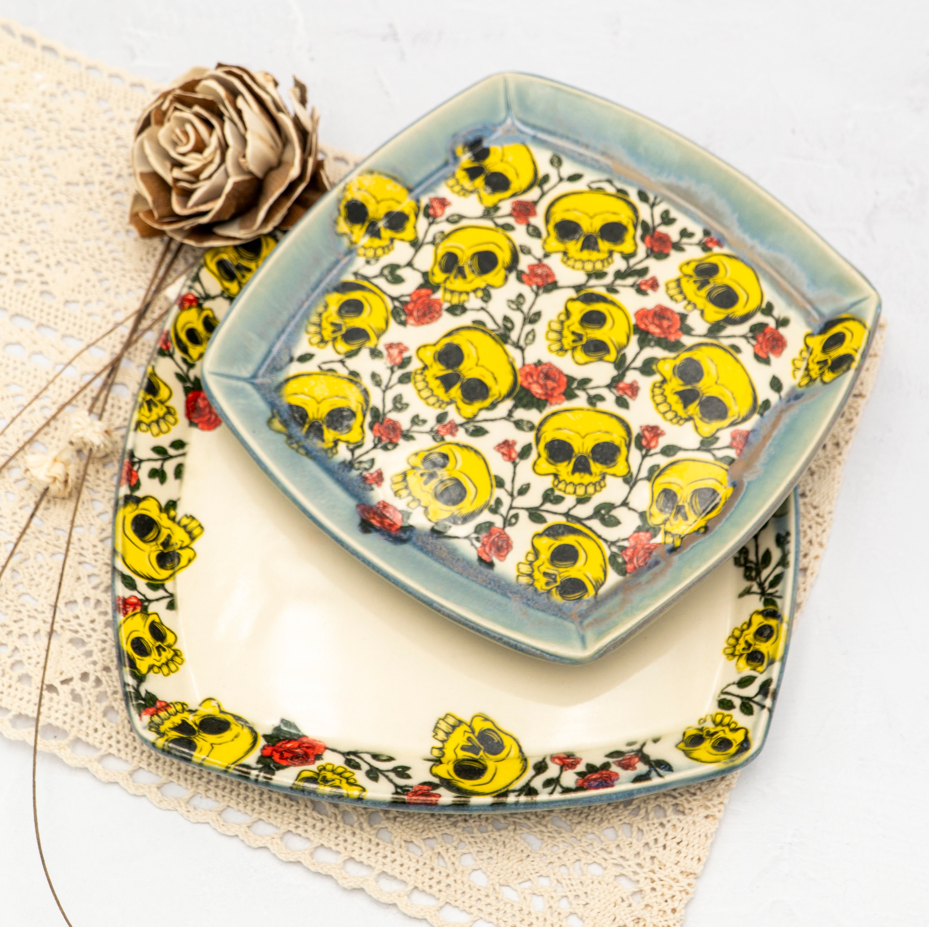 Whimsical Skull and Roses Ceramic Plate Set, Whimsigoth Decor, Skull ...