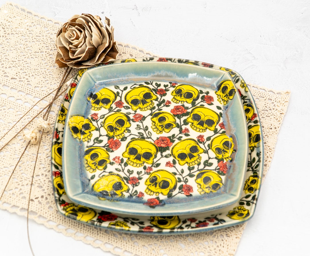 Whimsical Skull and Roses Ceramic Plate Set, Whimsigoth Decor, Skull ...