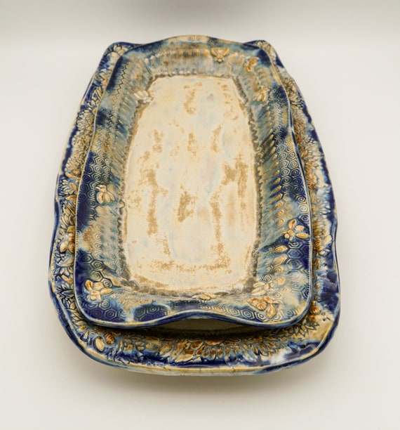 Ceramic Nesting Bee Platters Serving Set of Two 2 White Blue - Etsy