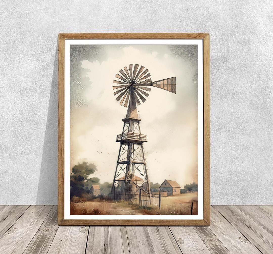 Windmill Watercolor Print, Farmhouse Wall Art, Rustic Old Farm Decor ...