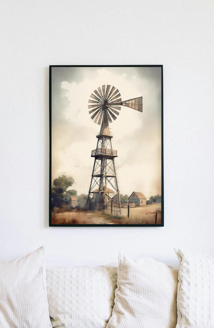 Windmill Watercolor Print, Farmhouse Wall Art, Rustic Old Farm Decor ...