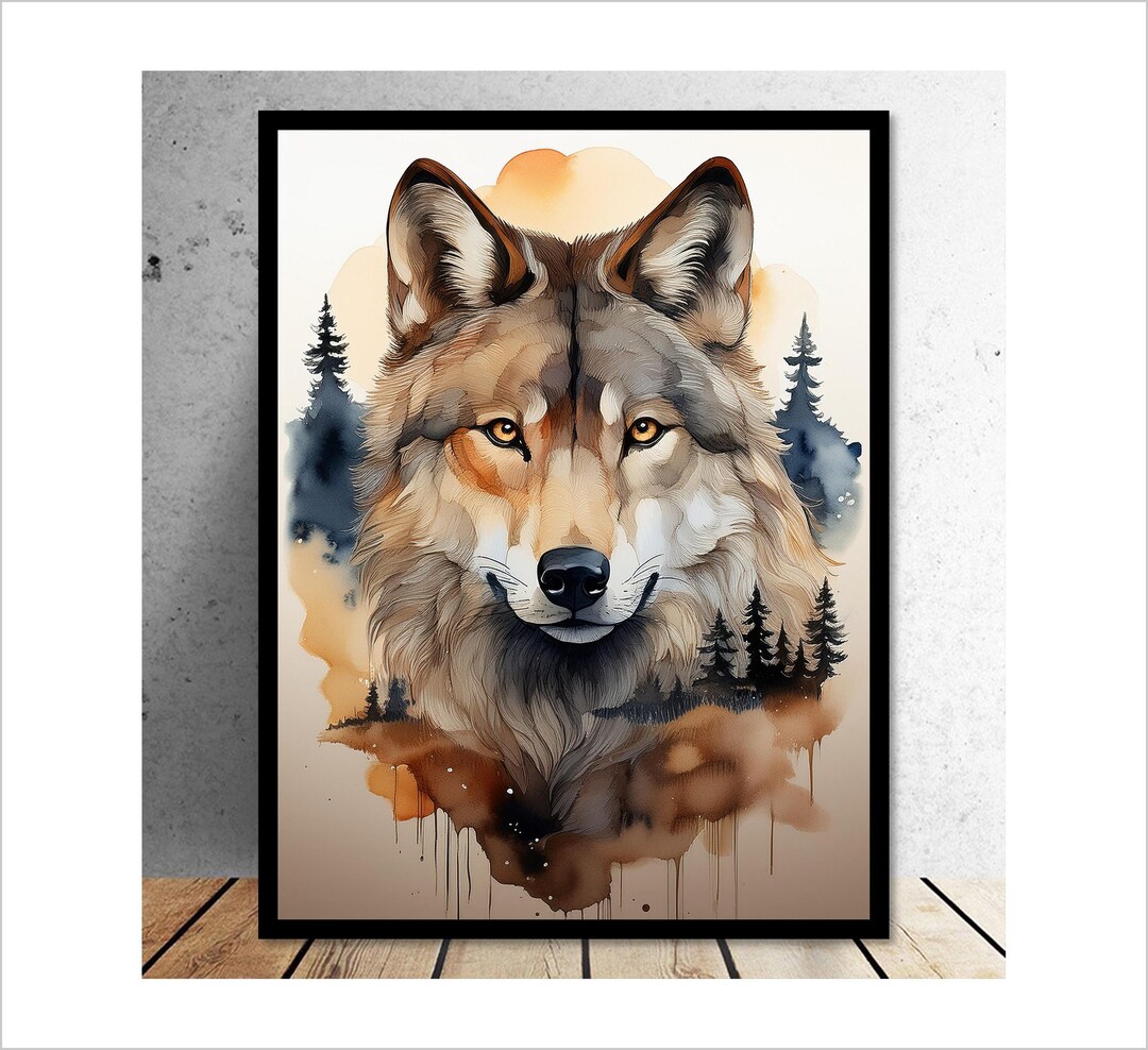 Wolf Watercolor Art Print, Beige Wolf Painting Wall Art Decor, Home ...