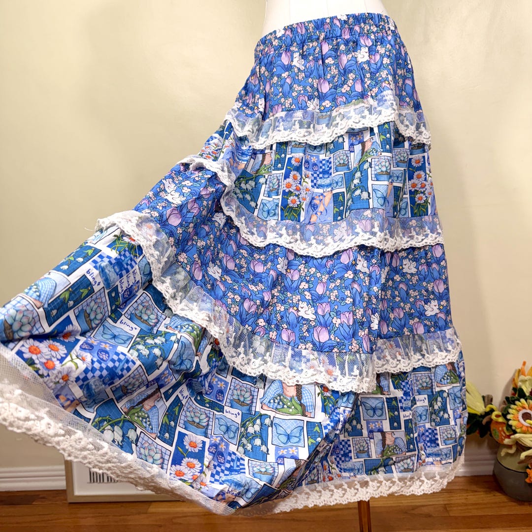 Plus Size Patchwork Maxi Skirt | Handmade Cottagecore Floral, Lace Trim ...