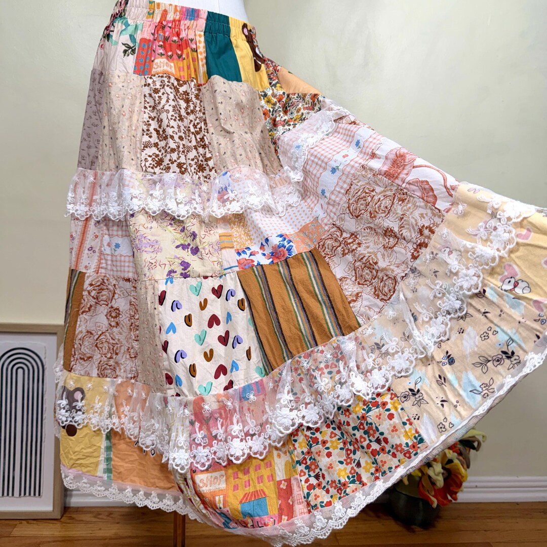 Plus Size Patchwork Maxi Skirt | Handmade Cottagecore Floral, Lace Trim ...