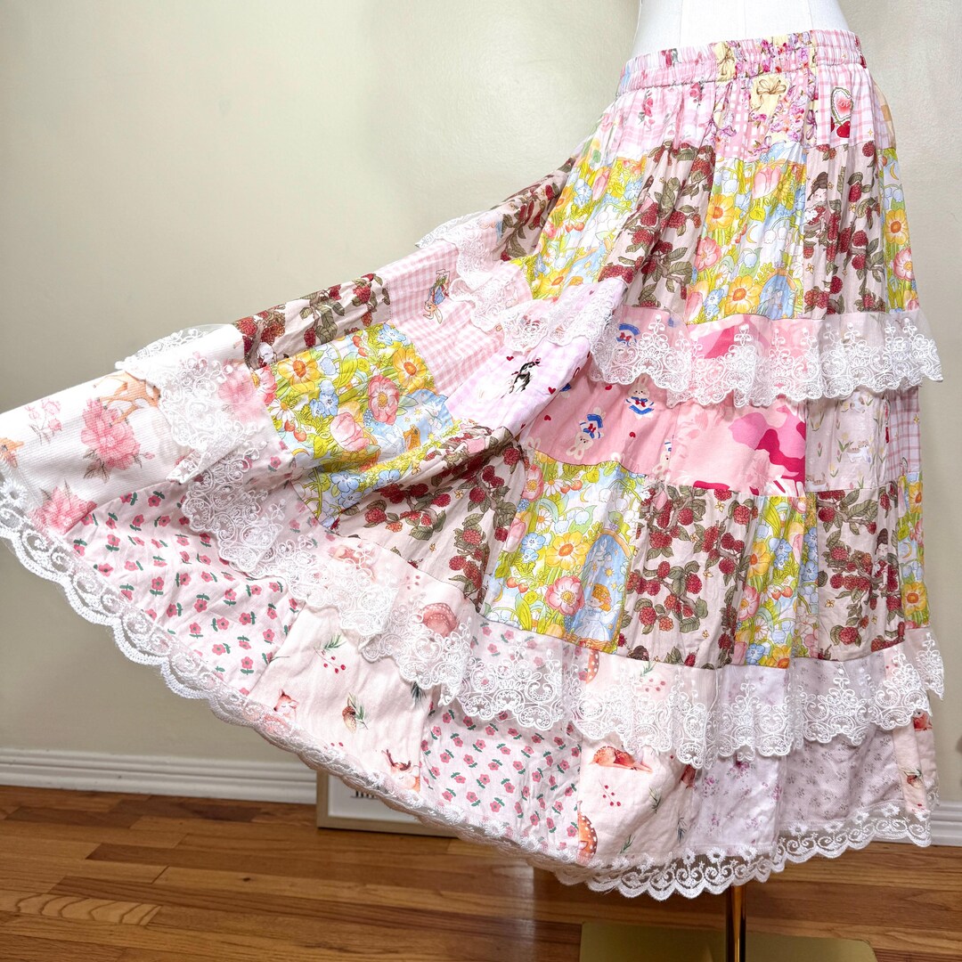 Plus Size Patchwork Maxi Skirt | Handmade Cottagecore Floral, Lace Trim ...