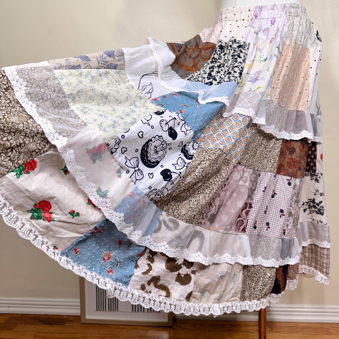 Plus Size Patchwork Maxi Skirt | Handmade Cottagecore Floral, Lace Trim ...