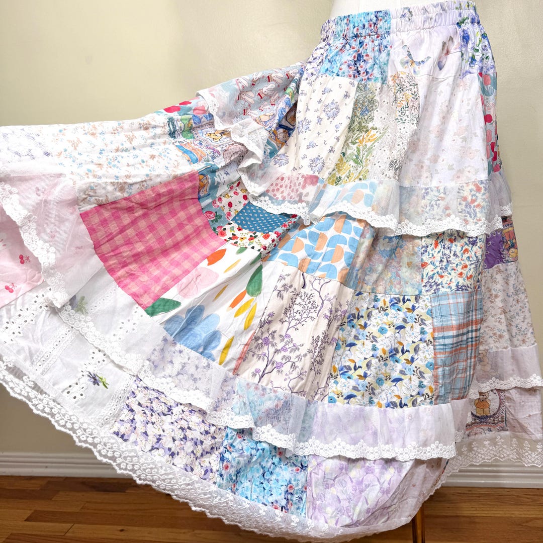 Plus Size Patchwork Maxi Skirt | Handmade Cottagecore Floral, Lace Trim ...