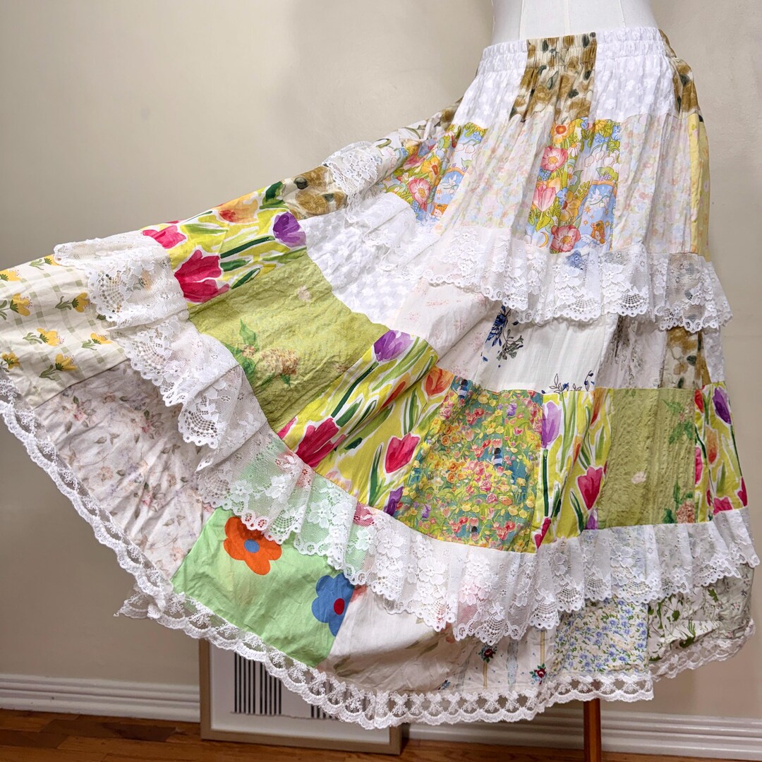 Plus Size Patchwork Maxi Skirt | Handmade Cottagecore Floral, Lace Trim ...