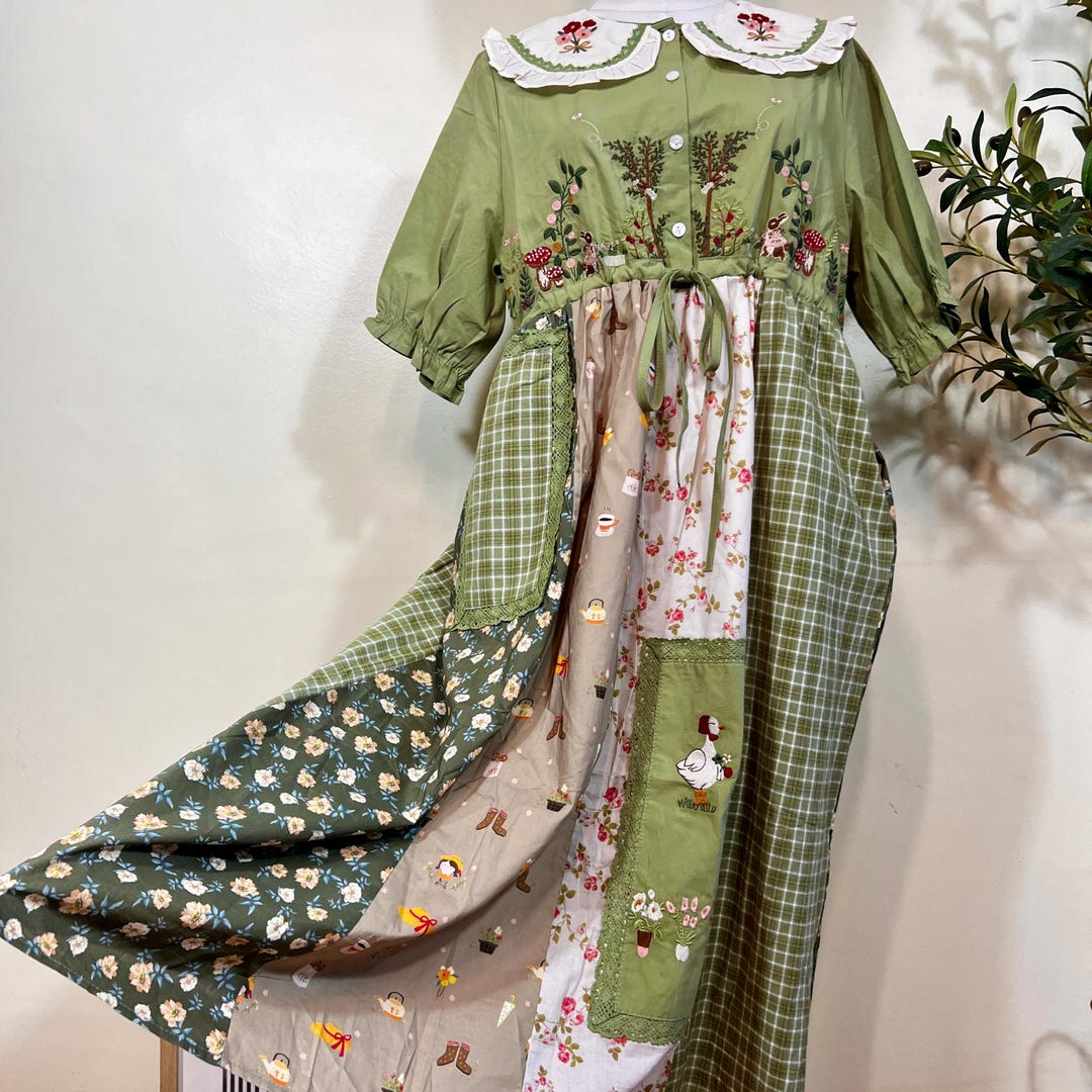 Handmade Cottagecore Patchwork Dress – Embroidered Fairycore Short ...