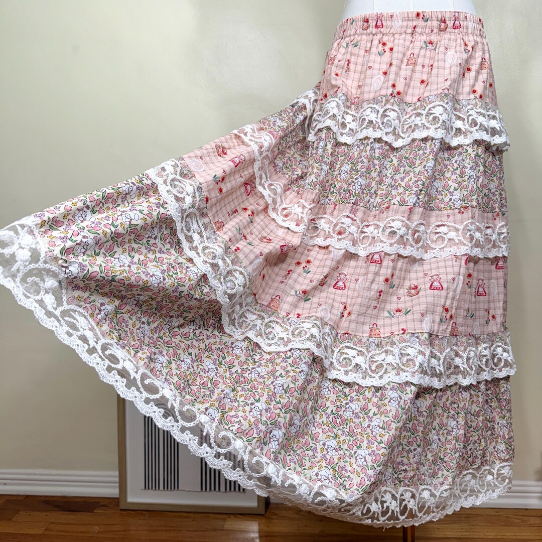 Plus Size Patchwork Maxi Skirt | Handmade Cottagecore Floral, Lace Trim ...