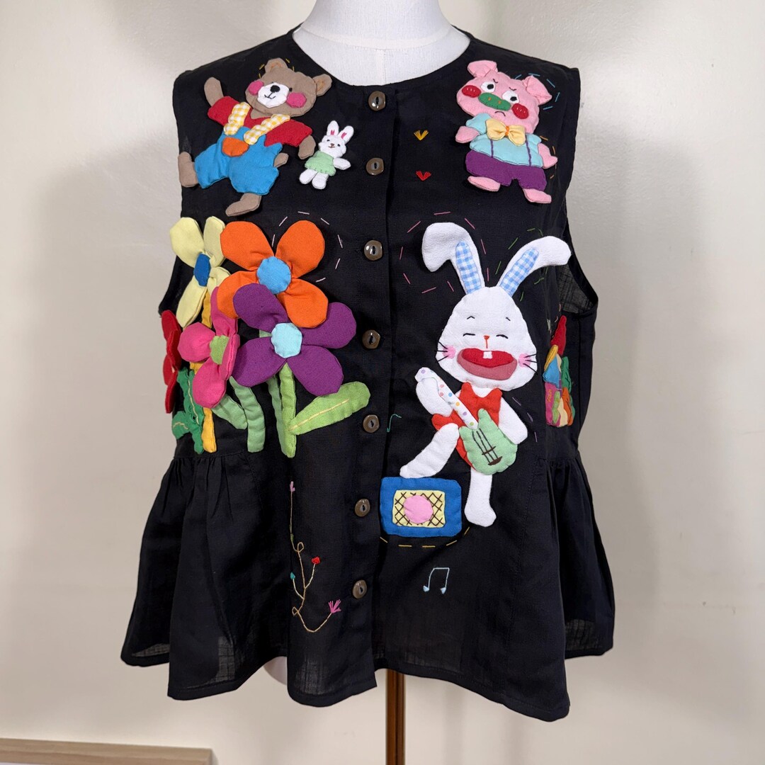 Handmade 3D Appliqué Linen Vest – Whimsical Patchwork Artwear, One-of-a ...