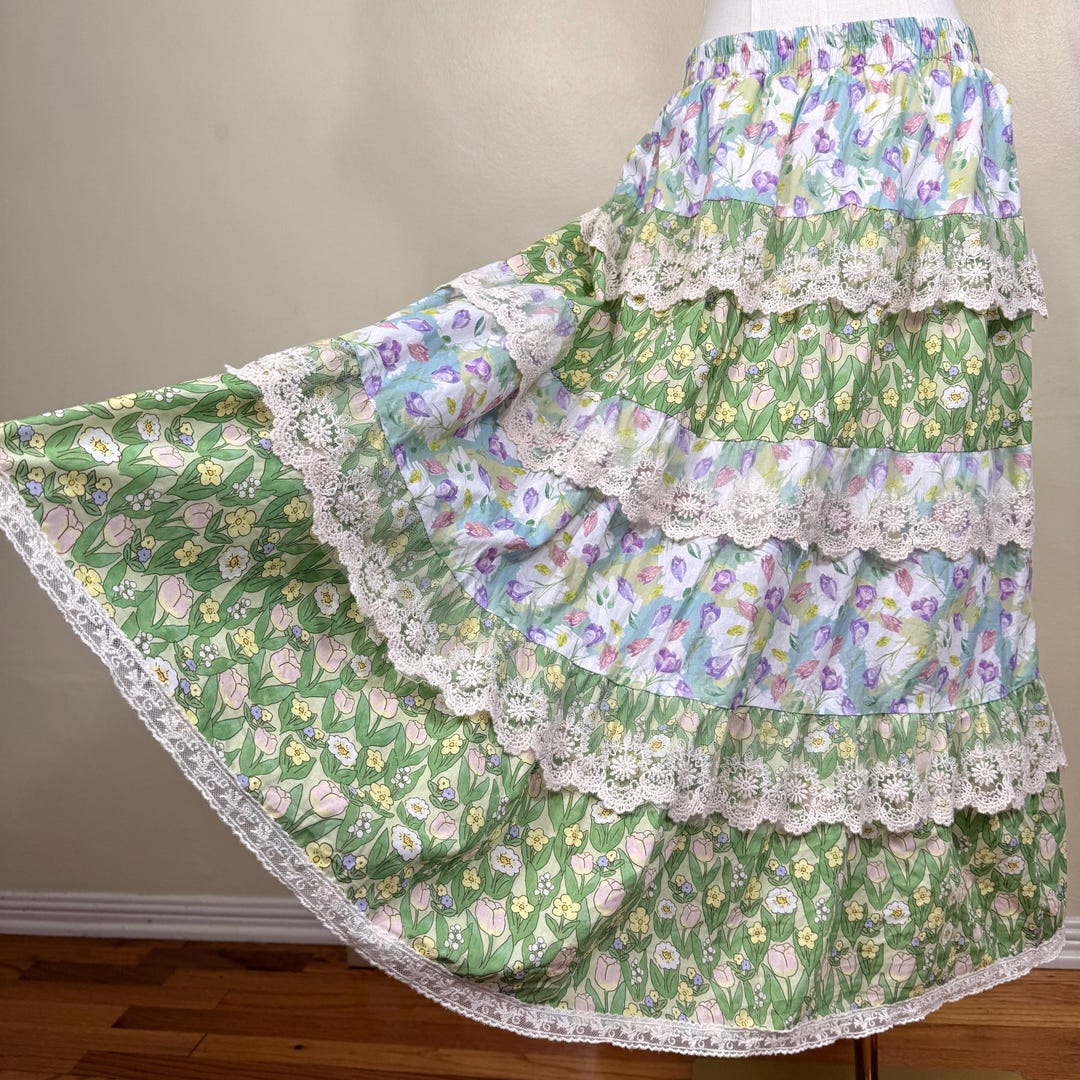 Plus Size Patchwork Maxi Skirt | Handmade Cottagecore Floral, Lace Trim ...