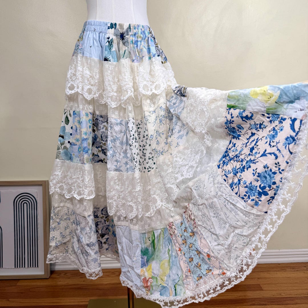 Plus Size Patchwork Maxi Skirt | Handmade Cottagecore Floral, Lace Trim ...