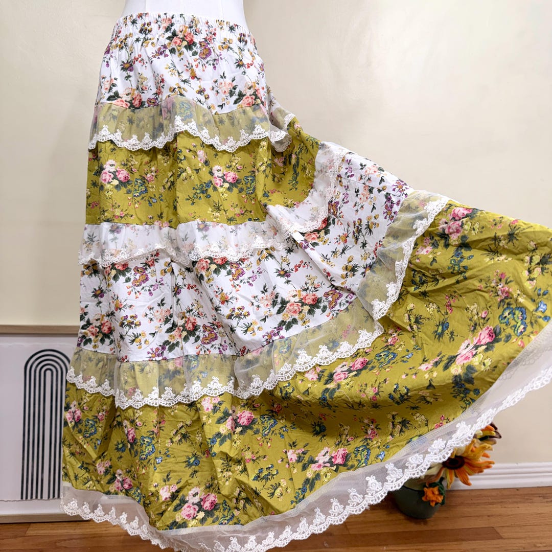 Plus Size Patchwork Maxi Skirt | Handmade Cottagecore Floral, Lace Trim ...