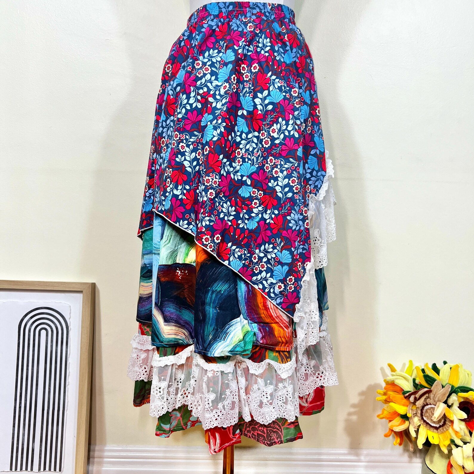 Handmade Boho Patchwork Maxi Skirt: Upcycled Cotton & Lace Tiered Skirt ...