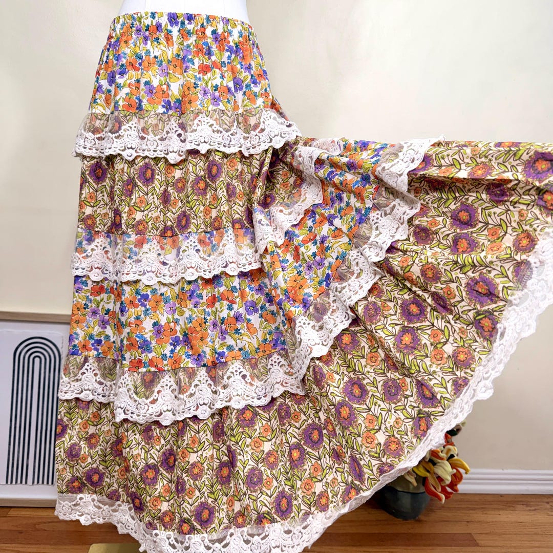 Plus Size Patchwork Maxi Skirt | Handmade Cottagecore Floral, Lace Trim ...
