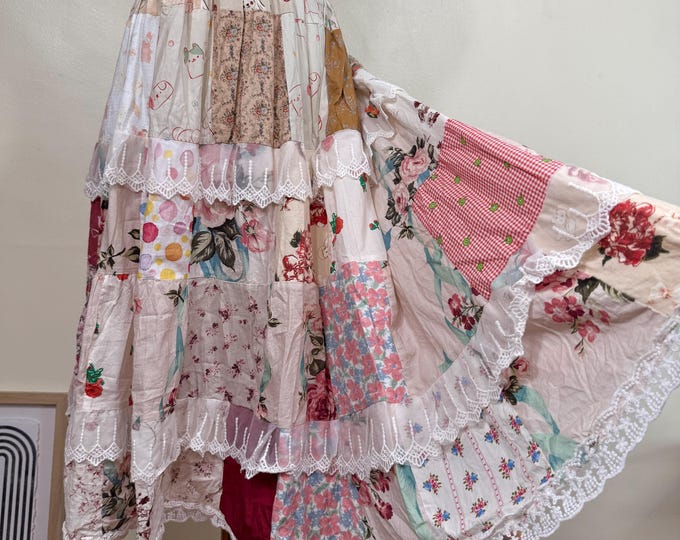 Handmade Cottagecore Patchwork Maxi Skirt: Vintage Floral Lace Trim ...