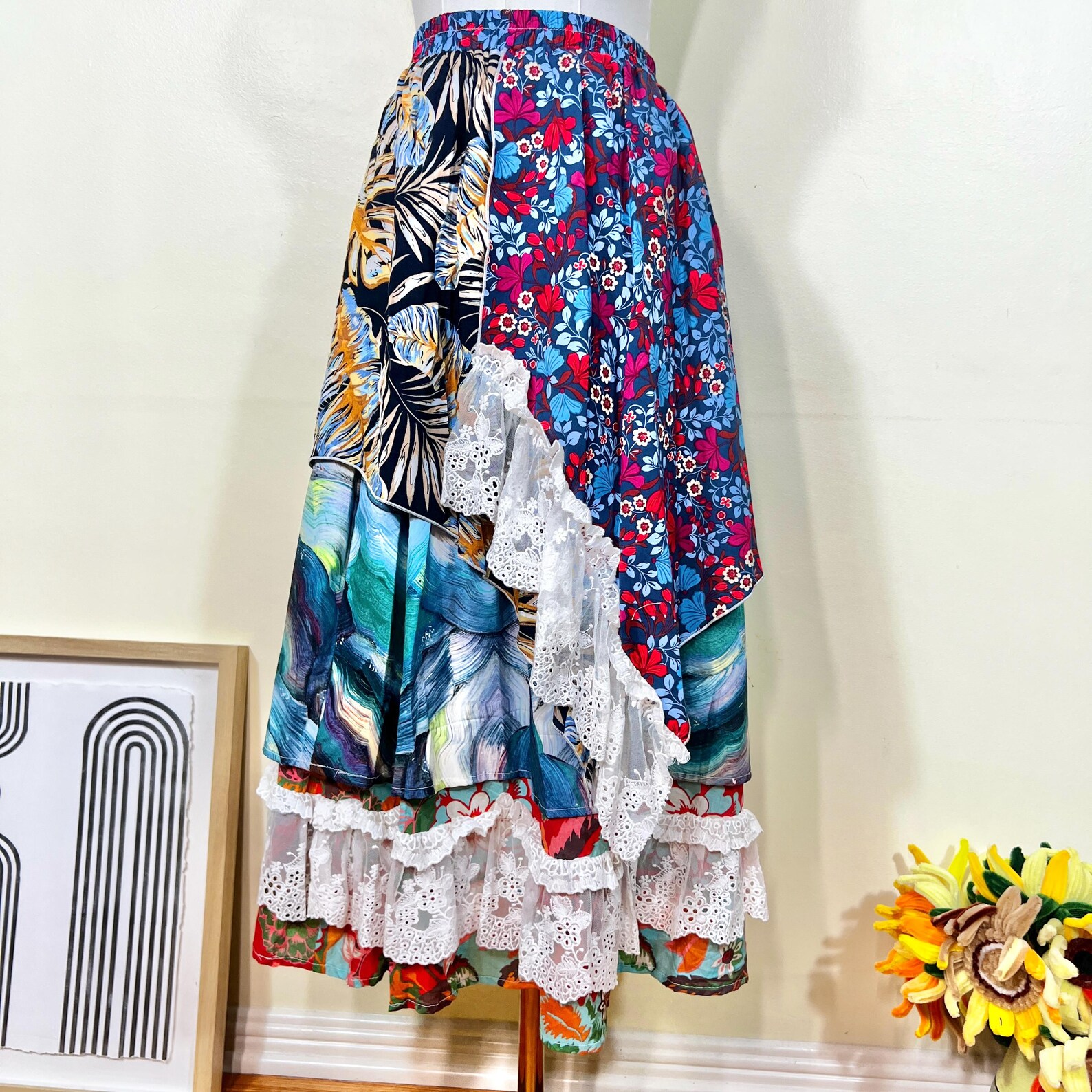 Handmade Boho Patchwork Maxi Skirt: Upcycled Cotton & Lace Tiered Skirt ...