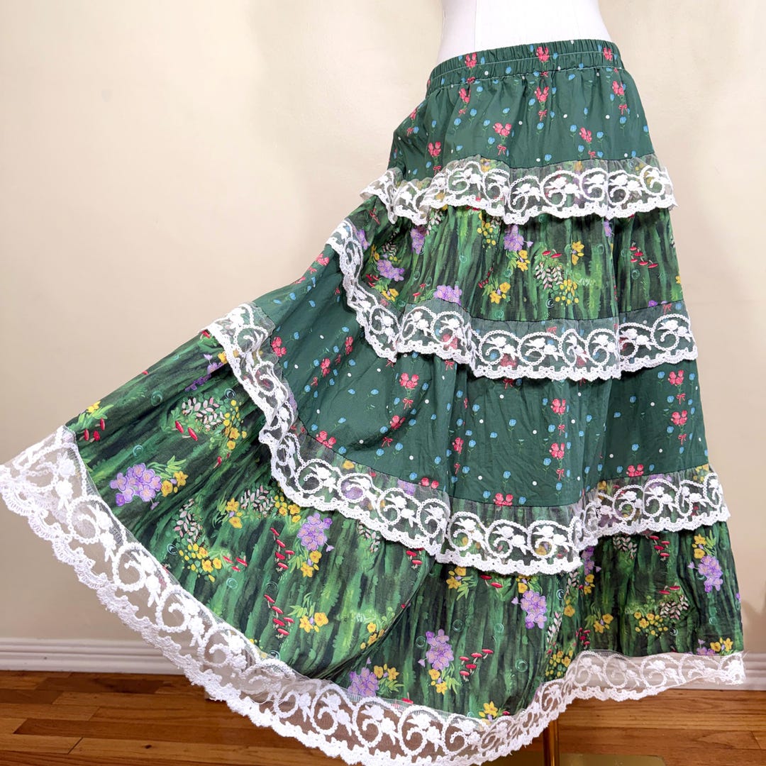 Plus Size Patchwork Maxi Skirt | Handmade Cottagecore Floral, Lace Trim ...