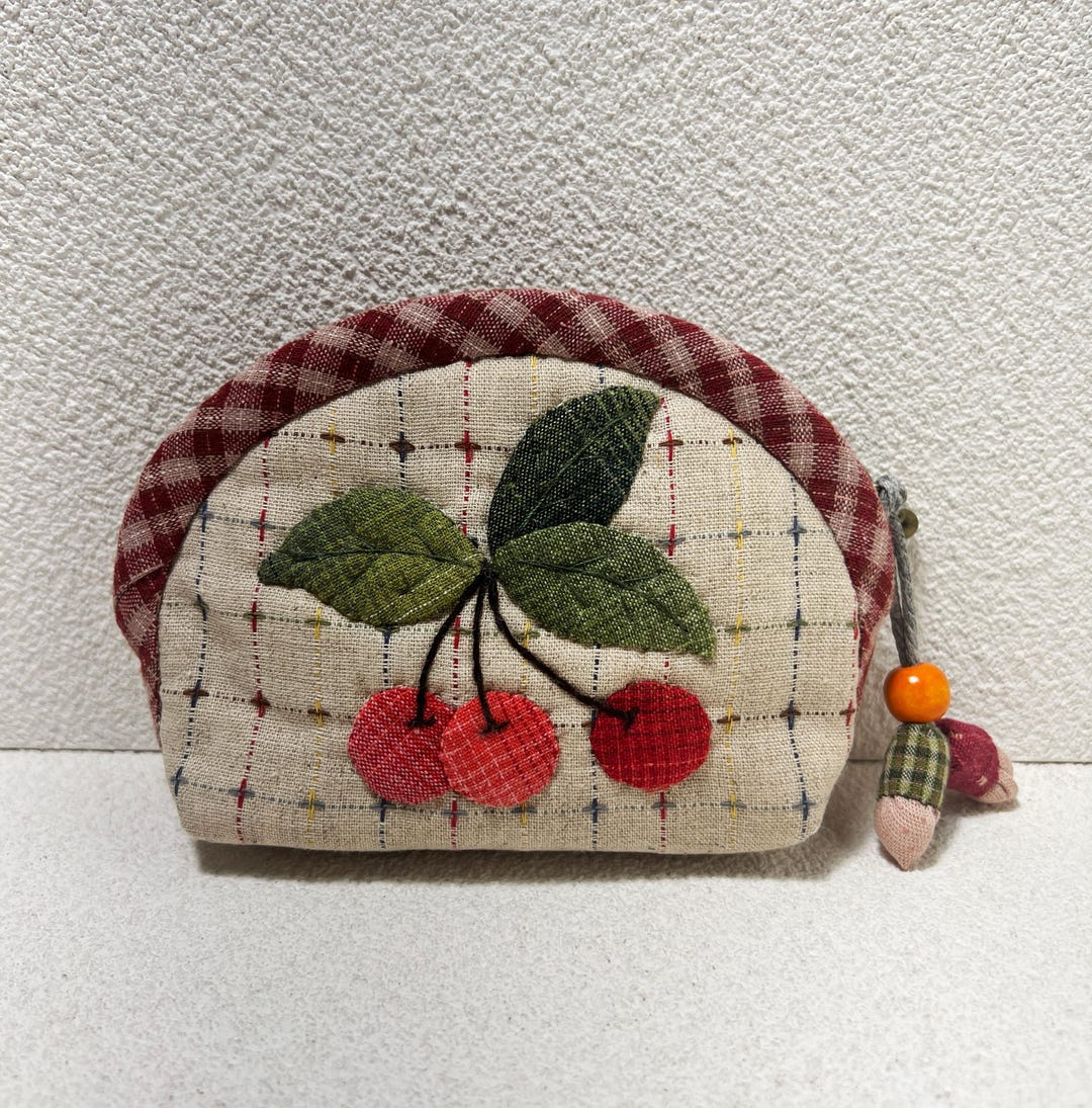 Handmade Quilted Cherry Pouch – Fabric Coin Purse | Double-sided Patchwork Design | Small Zipper ...