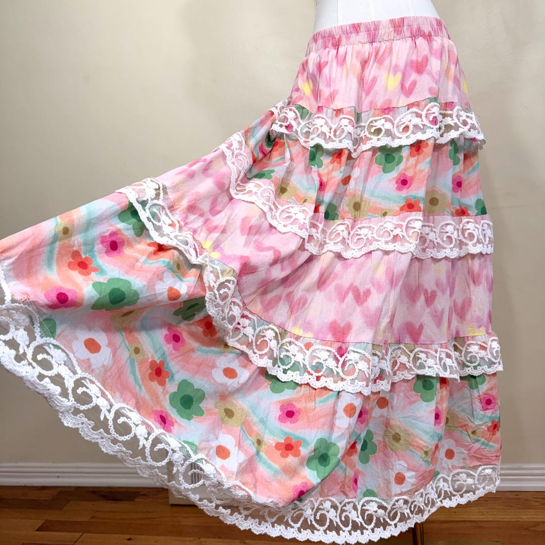 Plus Size Patchwork Maxi Skirt | Handmade Cottagecore Floral, Lace Trim ...